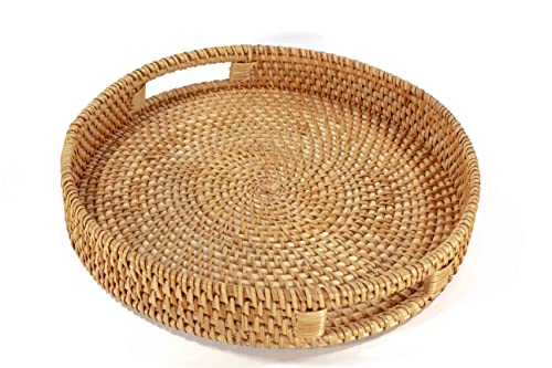 Large 13.8 Inch (35 cm) Serving Basket, Round Rattan Tray with Cut-Out Handles, Hand Woven Serving Tray for Home and Kitchen, Decorative Natural Color Wicker Tray for Coffee Table