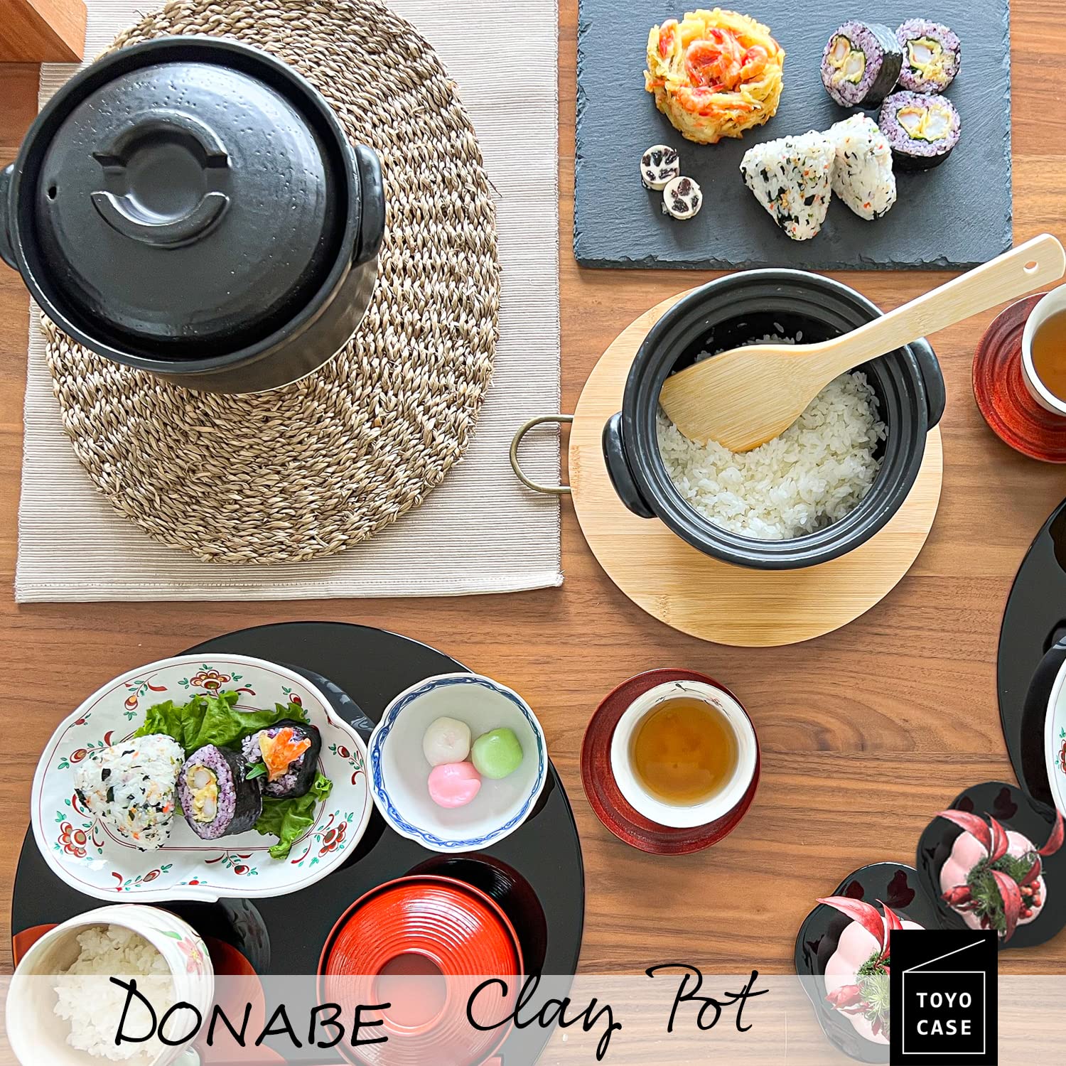 DONABE Clay Rice Cooker Pot Casserole Japanese Style made in Japan for 2 to 3 cups with Double Lids, Microwave Safe