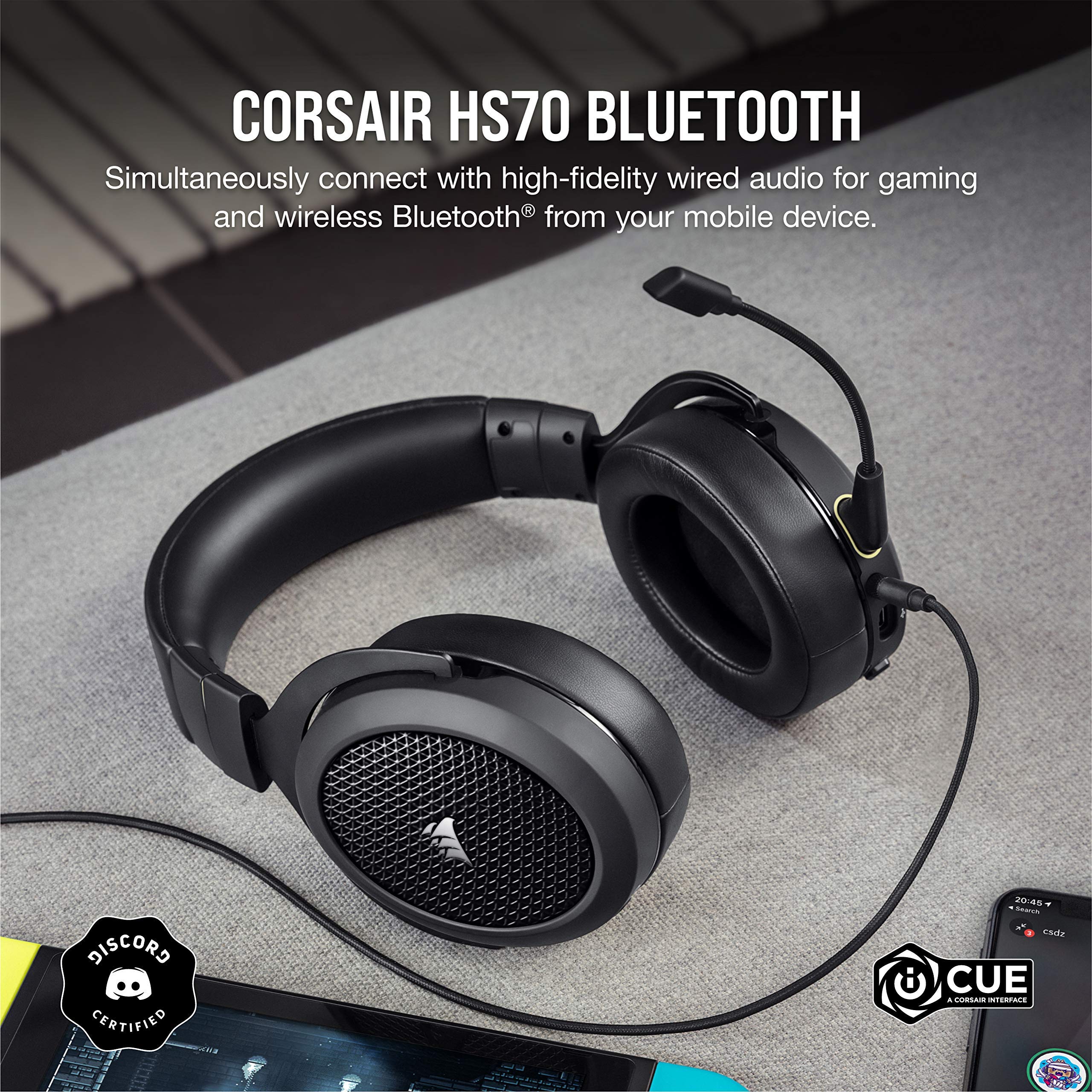 Corsair HS70 Bluetooth - Wired Gaming Headset with Bluetooth - Works with PC, Mac, Xbox Series X, Xbox Series S, Xbox One, PS5, PS4, Nintendo Switch, iOS and Android - Carbon/Black (Renewed)