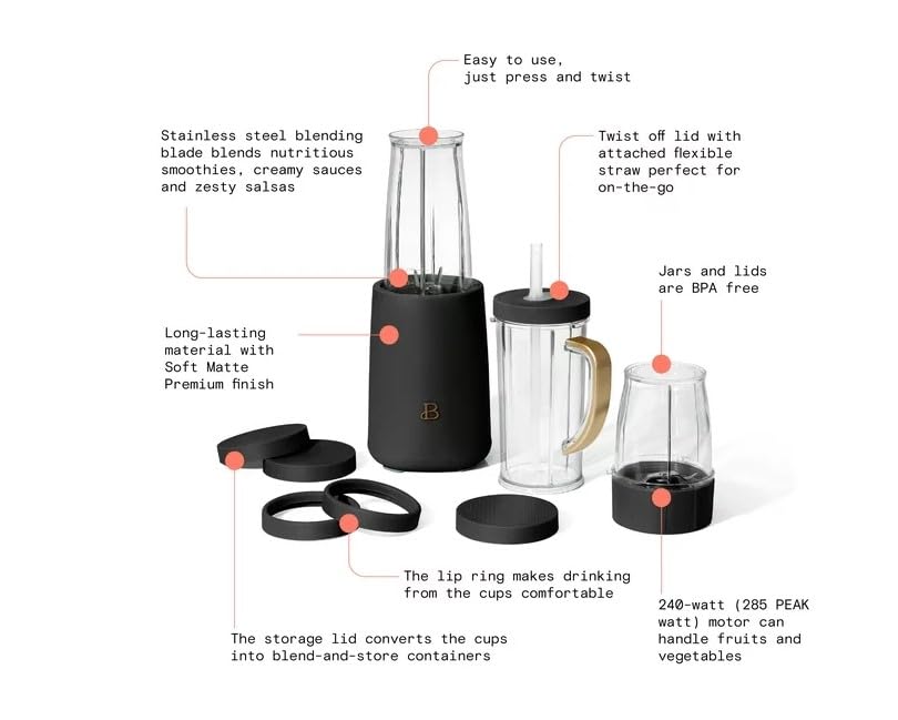 Generic Beautiful Personal Blender, 12 Piece Set by Drew Barrymore (Black Sesame)