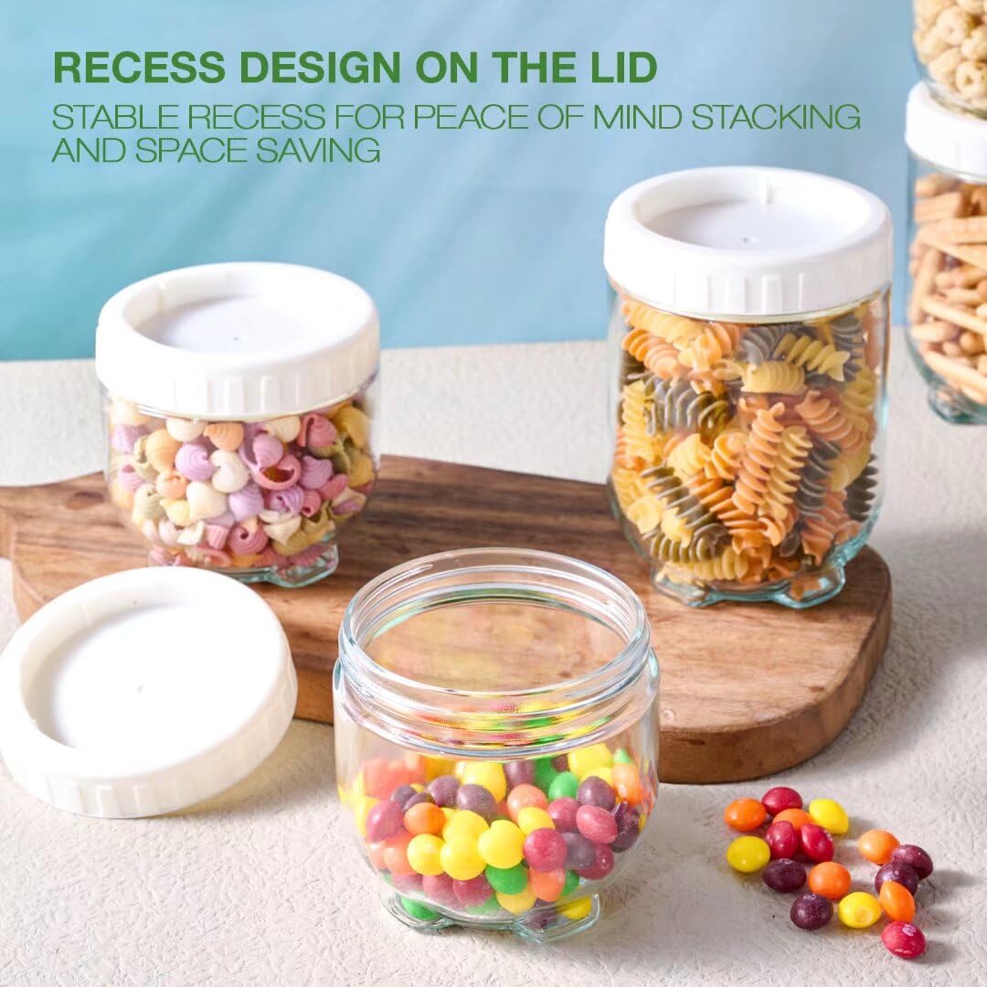 Hoa Kinh Glass Food Storage Jars with Lids, 20oz 6Pack Leak Proof Small Stackable Glass Jars Kitchen Canisters for Overnight Oats, Cereal, Clear Empty Glass Jars with Lids for Kitchen(White 6Pack)