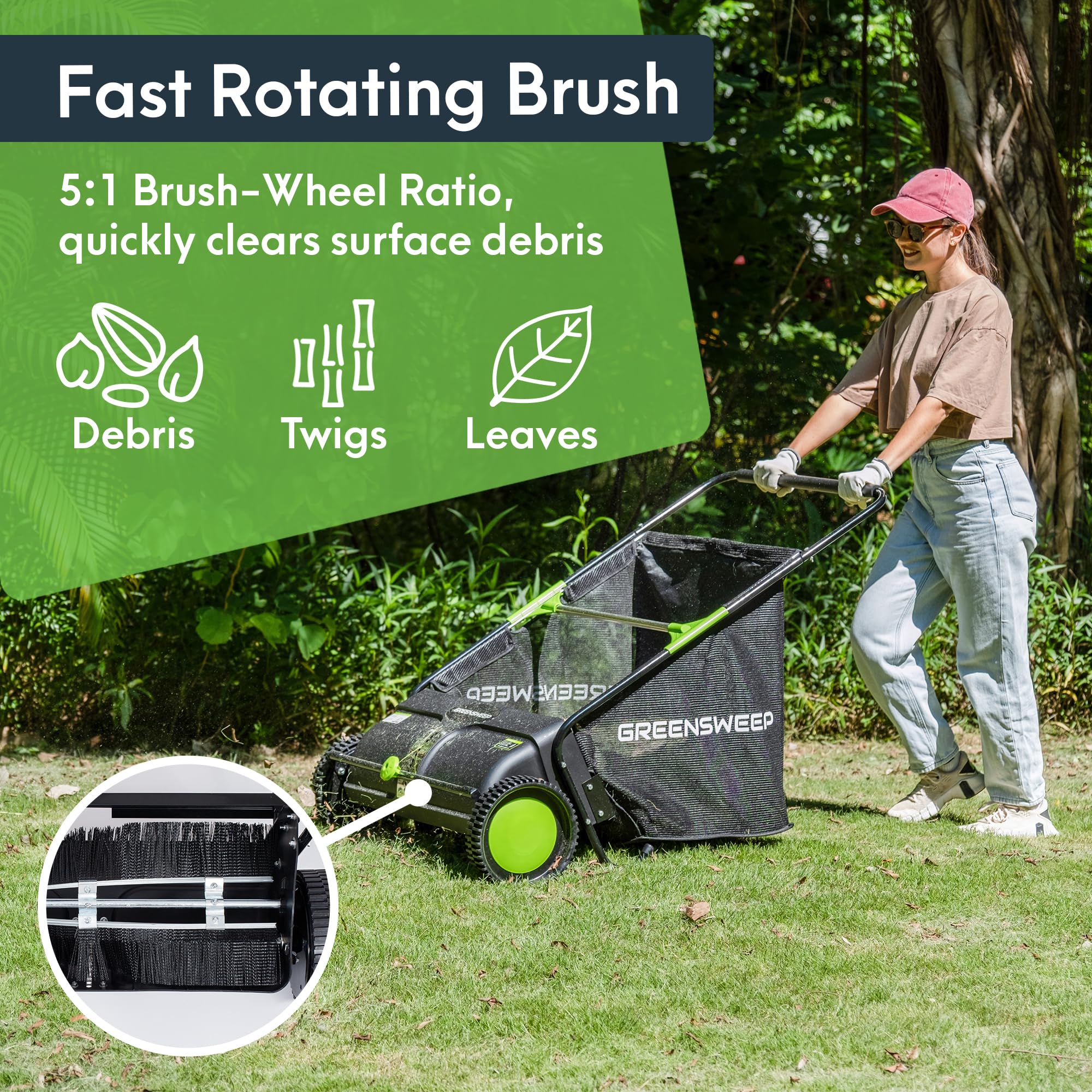 GreenSweep Pickup Pro Max Garden Sweeper, Manual Leaf & Grass Push Lawn Sweeper