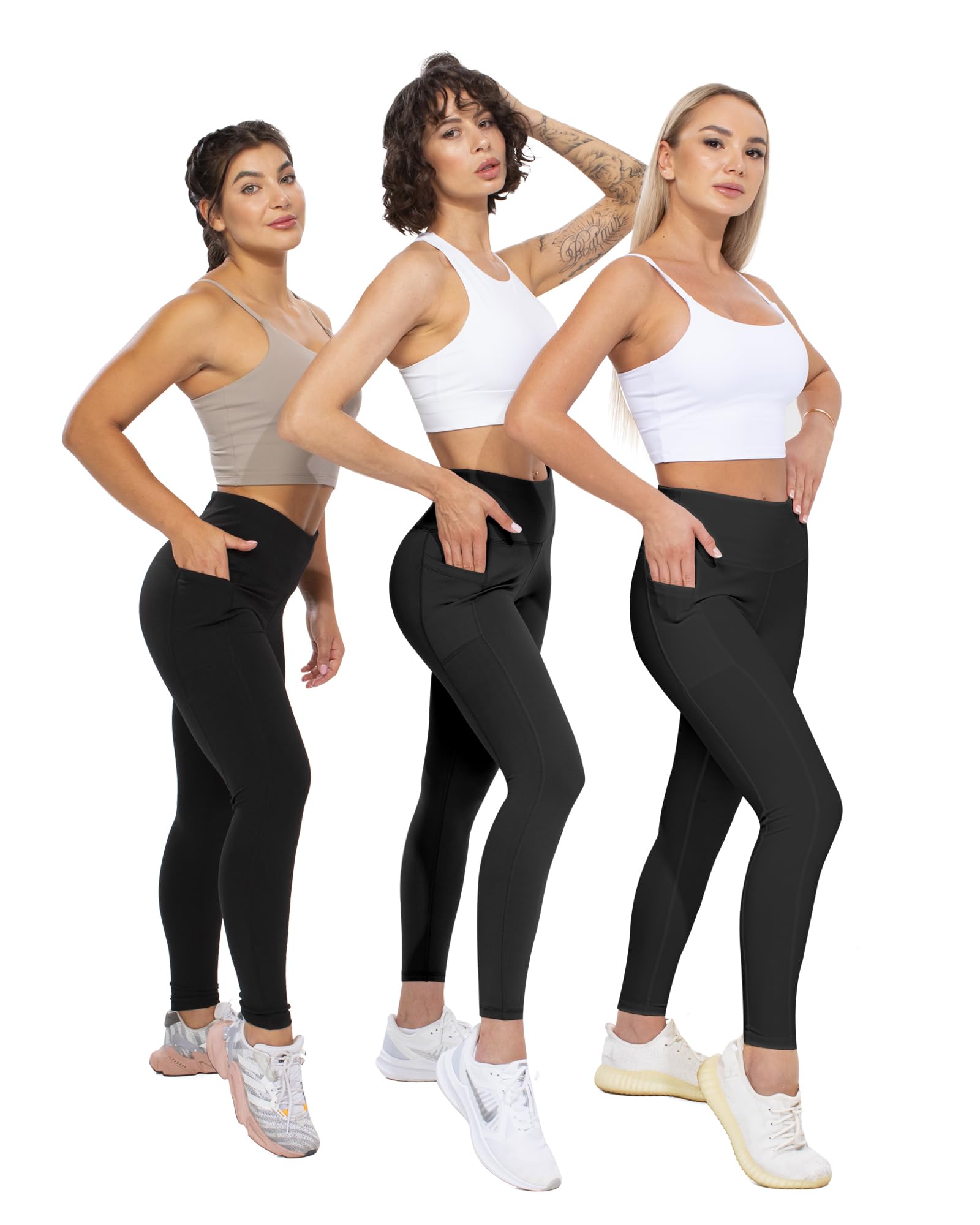 CHRLEISURE Leggings with Pockets for Women, High Waisted Tummy Control Workout Yoga Pants(3Packs 3Black, L)