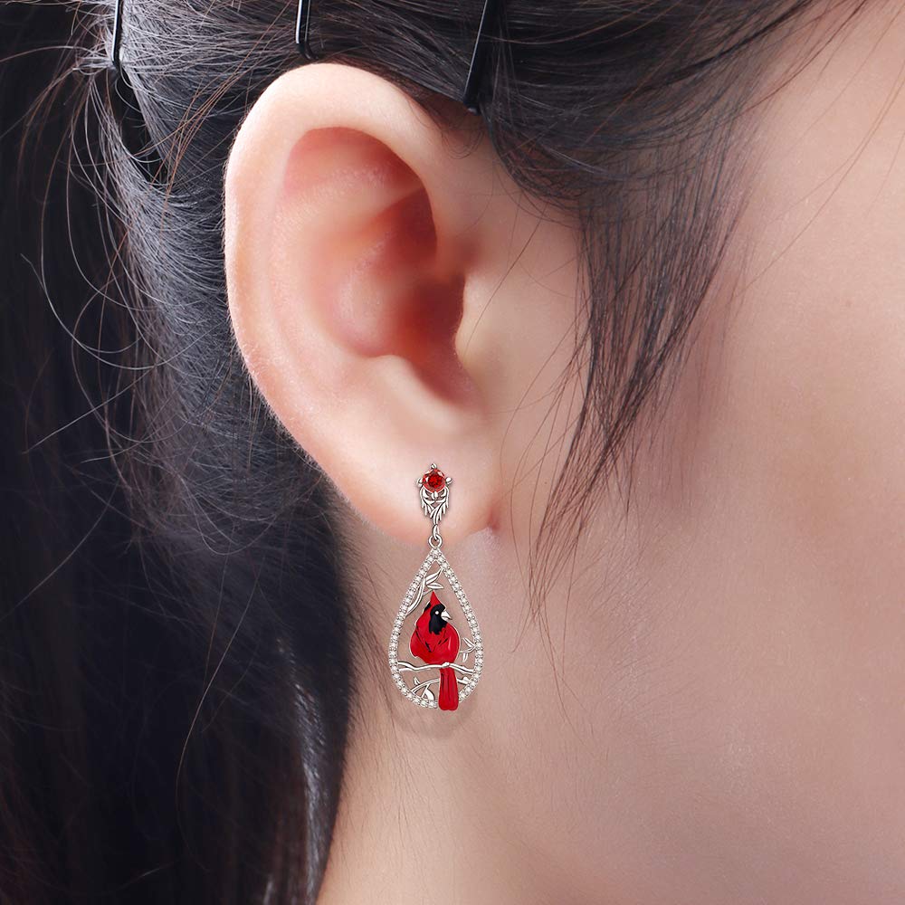 Cardinal Earrings for Women S925 Sterling Silver Teardrop Dainty Cute Dangle Drop Piercing Stud Red Fashion Hypoallergenic Crystal Ruby Animal Bird Valentine's Day Jewelry