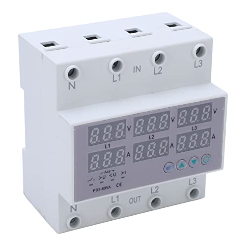 Fewb Digital 3 Phase DIN Rail Voltmeter Ammeter, AC 390‑500V Electricity Usage Monitor Power Meter Voltage Amps Watt Kwh Frequency Power Factor Meter Multimeter Current Power Tester(63A)