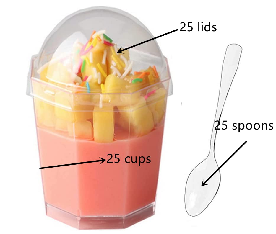 DongAi 25Pcs 6-Ounce Transparent Plastic Dessert Cups,Octagon Clear Plastic Dessert Tumbler Cups Serving Bowls with, 25 Tablespoons and Lids，Pudding Ice Cream Yogurt Candy for at The Parties Weddings