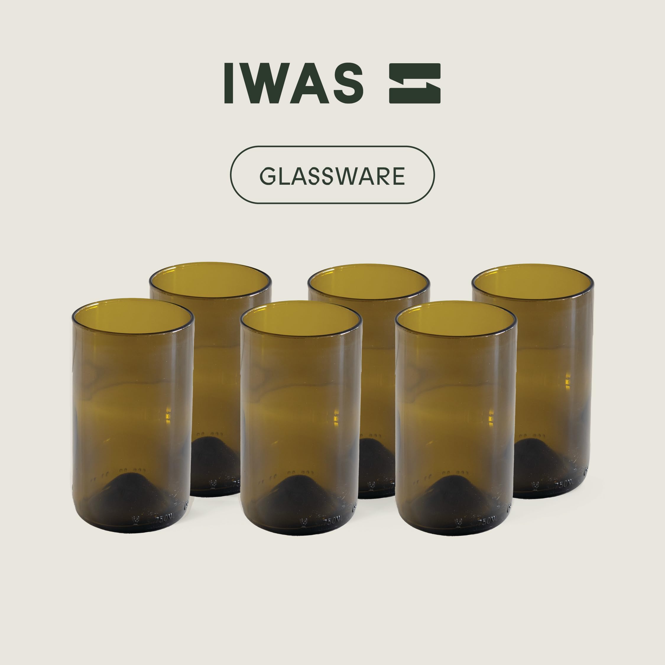 IWAS Upcycled Olive Drinking Glasses | 400 ML | 13.53 OZ | Set of 6 | Sustainable Water Glasses | Environmentally Friendly Dark Brown Glasses For Home