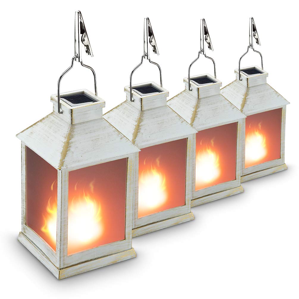 zkee 10" Vintage Style Solar Powered Lantern Fame Effect(Metallic Coating White,Plastic),Solar Garden Light with Vivid Fire Effect,Outdoor Solar Hanging Lantern,Decorative Lanterns (Set of 4)