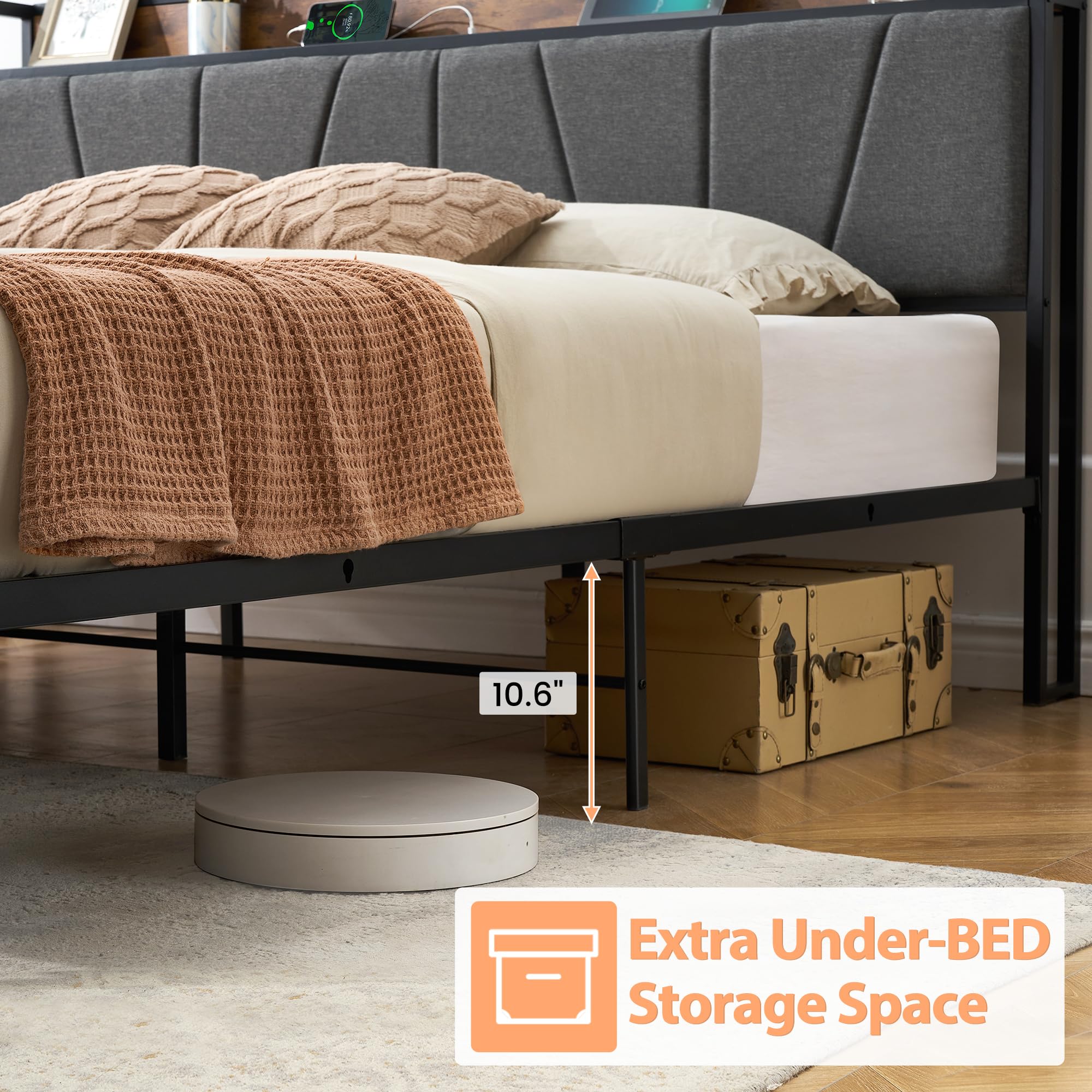 GAOMON King Size Bed Frame with Storage Headboard and 2 Drawers, Linen Upholstered Platform Bed Frame with Charging Station, Heavy Duty, No Box Spring Needed, Easy Assembly, Noise Free, Grey&Brown
