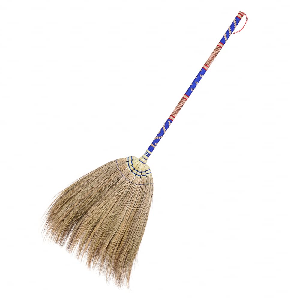 Natural Grass Thai Broom Vintage Retro Embroidered Woven Nylon, Handmade Broom, Housewarming Gift, Witch Broom, Broomstick Bamboo Stick Handle, Kong Grass Broom, Durable Broom for Indoor & Outdoor