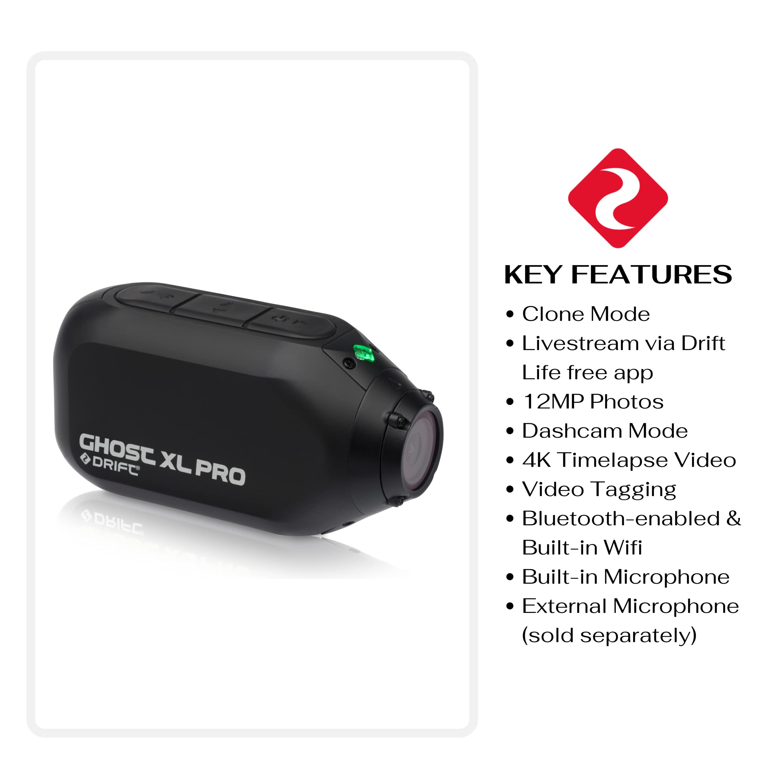 Drift Ghost XL Pro - 4K Action Camera, Image Stabilization, Waterproof, Rotatable Lens, Dashcam Mode, Livestreaming, Clone Mode, 7hr Battery Life at 1080P & 4.5hr Battery Life at 4K (XL Pro)