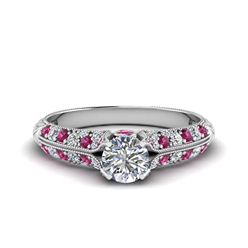 CustomizedGifts 2 Row Milgrain Diamond Ring sterling silver Created Pink Sapphire Round shape Pink color Vintage Engagement Rings bezel Setting in Size 6 Party Wear Daily Wear Ornament