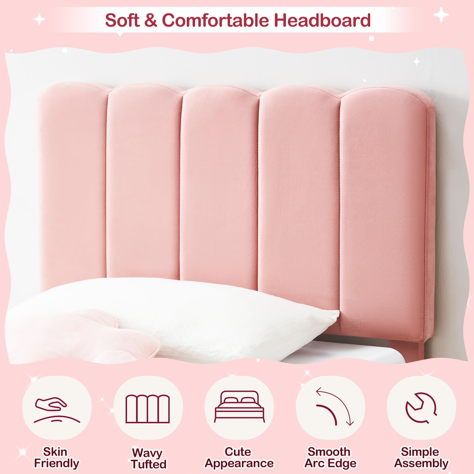 GAOMON Pink Twin Bed Frame, Velvet Upholstered Platform Bed Frame with Headboard, Strong Wooden Slats, Noise-Free,No Box Spring Needed, Easy Assembly (Pink)