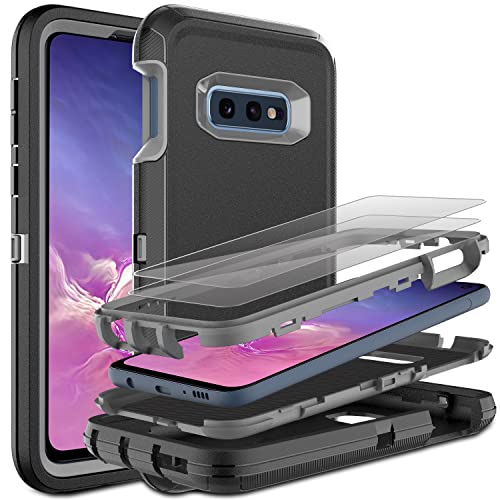 HONG-AMY Galaxy S10E Case: 3-in-1 Shockproof Heavy Duty Protection, 2 Nano Explosion-Proof Films, Black/Grey