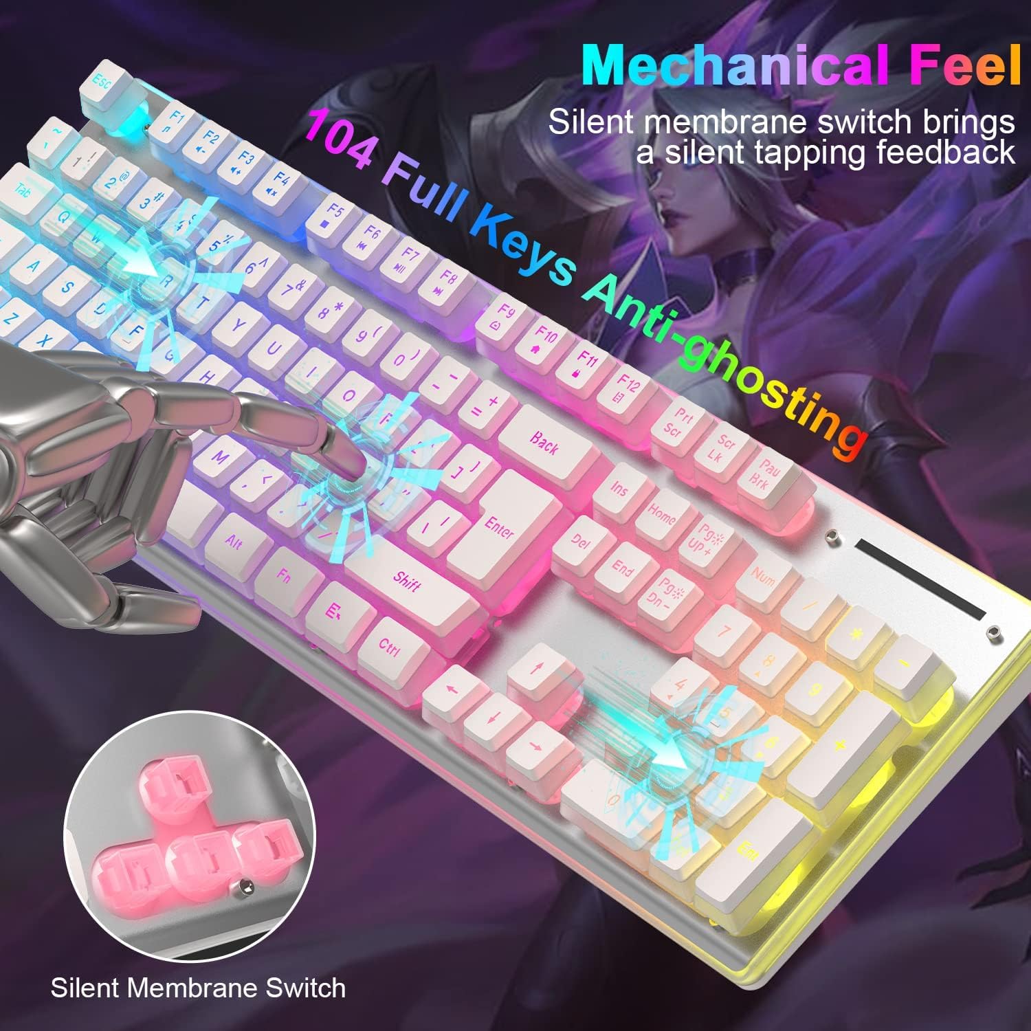 FELICON L96 Wireless Keyboard Mouse Combo, 3650mAh Rechargeable RGB Full Size Keyboard with Pudding Keycaps, Ergonomic Mechanical Feel 4800 DPi Rainbow Led Mute Mouse 2.4G USB for PC/Mac(White)