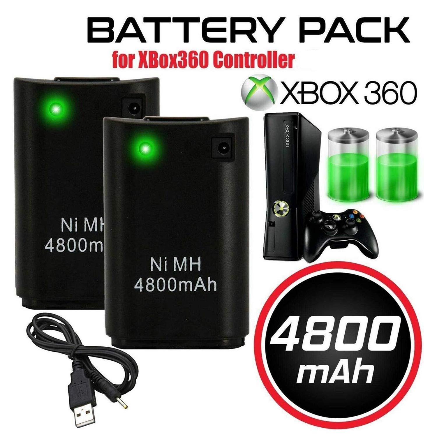 CICMOD Battery Pack for Xbox 360 Remote Controller 2pcs Ni-MH Rechargeable Batteries USB Cable Black
