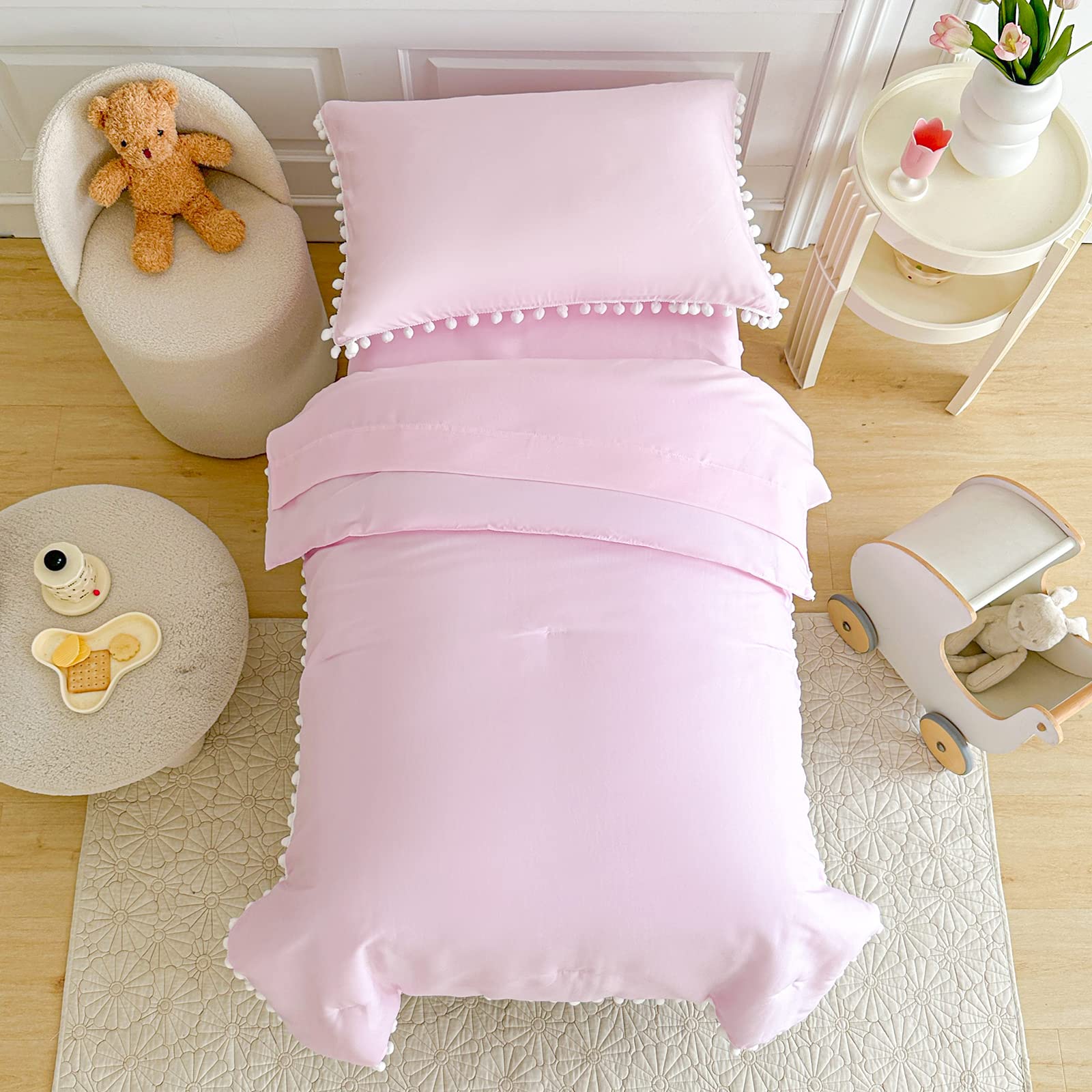 Chrismas Toddler Bedding Set 4 Pieces Boho Ball Pom Pom Toddler Bed Set Bed in a Bag Chic Boho Green Pom Fringe Comforter for New Year Holiday