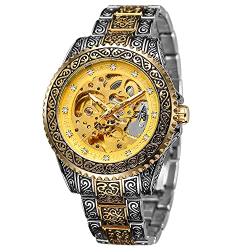 Luxury Men Automatic Mechanical Wristwatch Waterproof Stainless Steel Diamond Watch Golden Skeleton Men's Clock