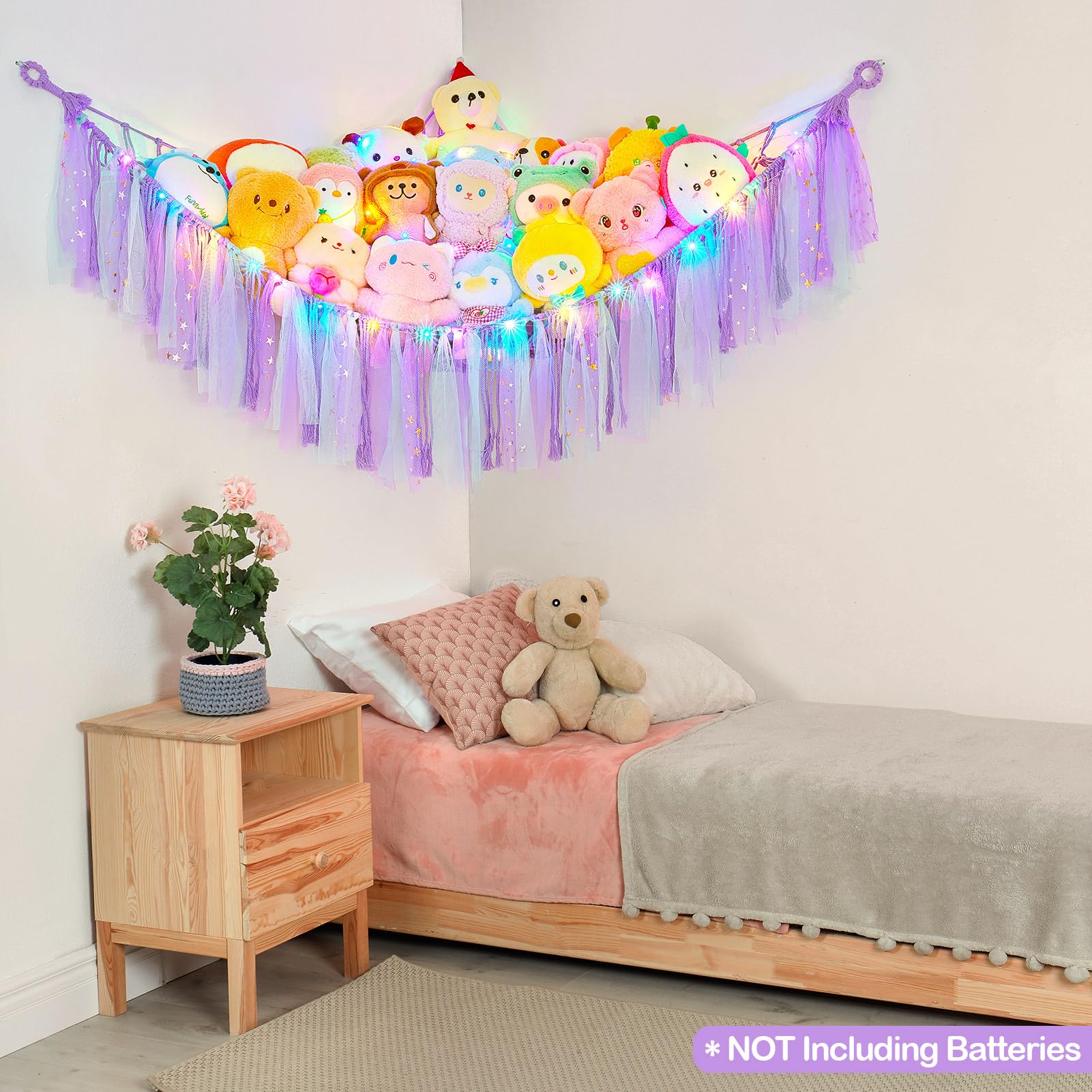 FIOBEE Stuffed Animals Net or Hammock with LED Light, Toy Hammock Hanging Stuffed Animals Storage Organizer Holder Room Décor for Nursery Kids Bedroom