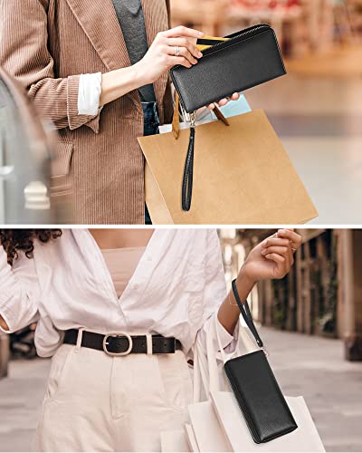 Chelmon Womens Wallet Large Capacity Zip Holder Clutch Bifold Wrist Strap Long Purse Black