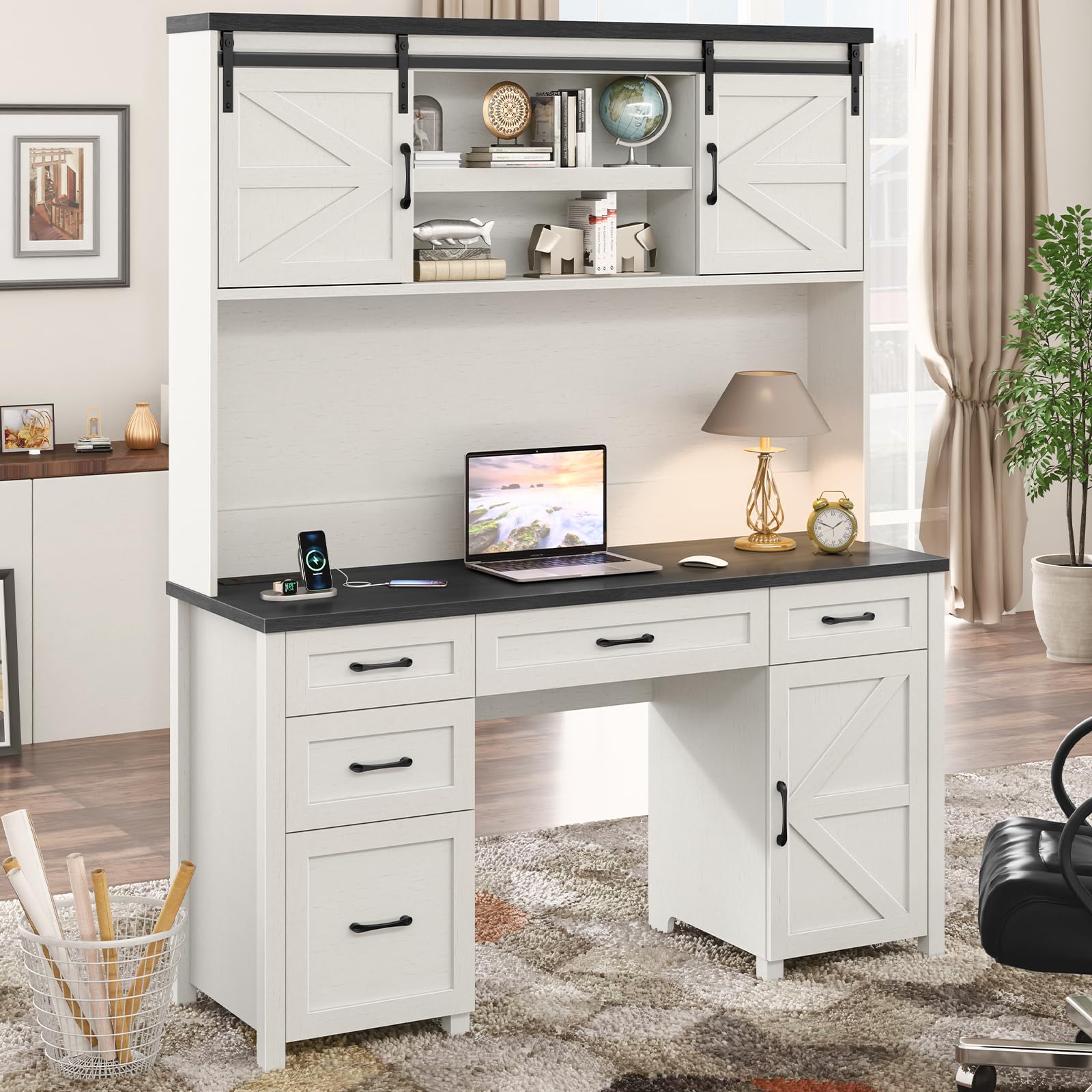 Farmhouse 61" Executive Desk with Hutch,Office Desk with 5 Drawers, Computer Desk with Storage Cabinet & File Drawers and Charging Station, Wood Workstation for Home Office and Study
