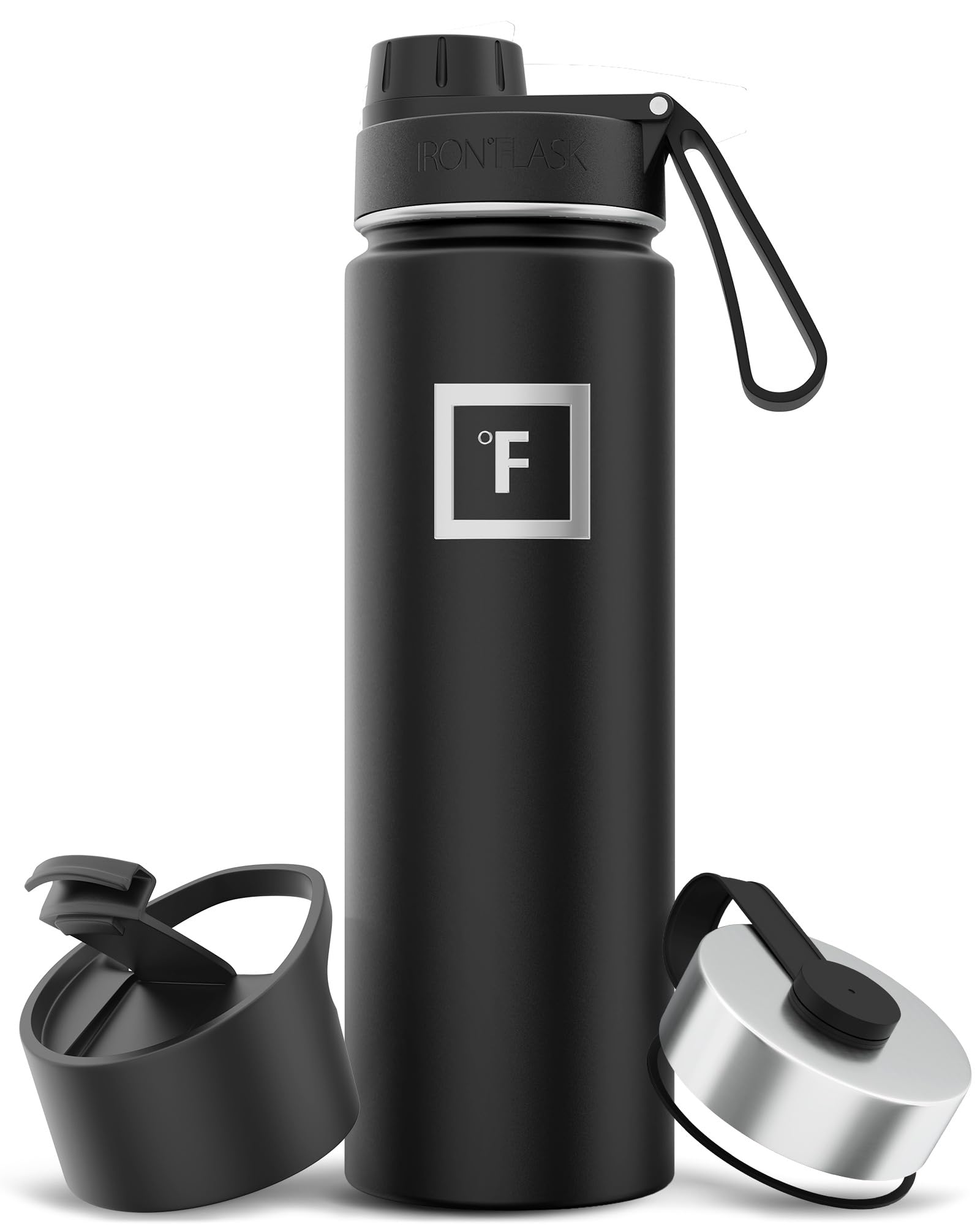 IRON °FLASK Camping & Hiking Hydration Flask with 3 Lids - Stainless Steel, Double Walled & Vacuum Insulated Water Bottle - Leak Proof & BPA Free (Midnight Black, Spout - 22 oz)