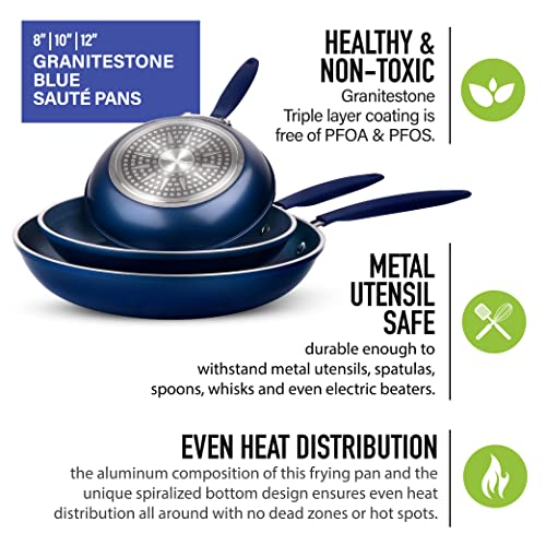 Granitestone 3 Pc Non Stick Frying Pans Set, Nonstick Frying Pans Nonstick 8/10 / 12 Inch Pan Skillets for Cooking with Stay Cool Handles, Induction Cookware, Dishwasher/Oven Safe, Non Toxic - Blue