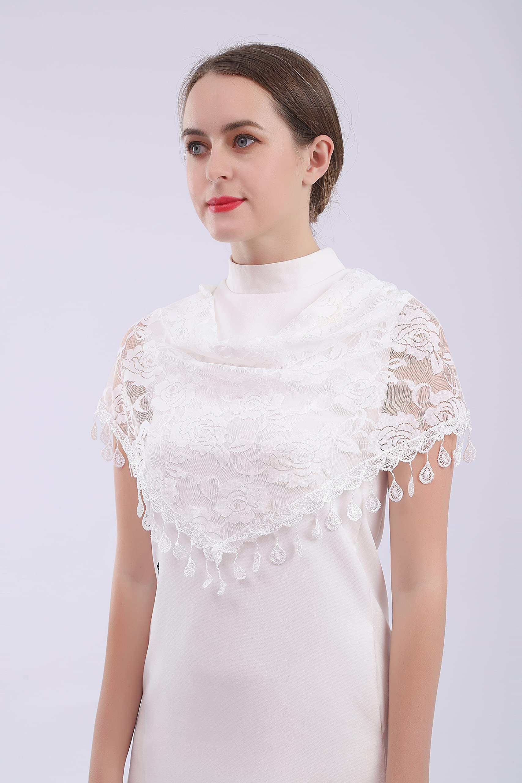 Cilkus Lace veil Mantilla veil Shawl or Scarf Latin Mass Head Cover with Fringed lace (White)