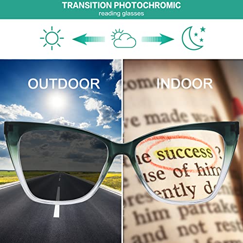Oversized Reading Glasses Women Cat Eye Photochromic Computer Reader Stylish Ladies Designer Fashion Big Unbreakable Eyewear 2Pack Black & Dark Green +2.25x