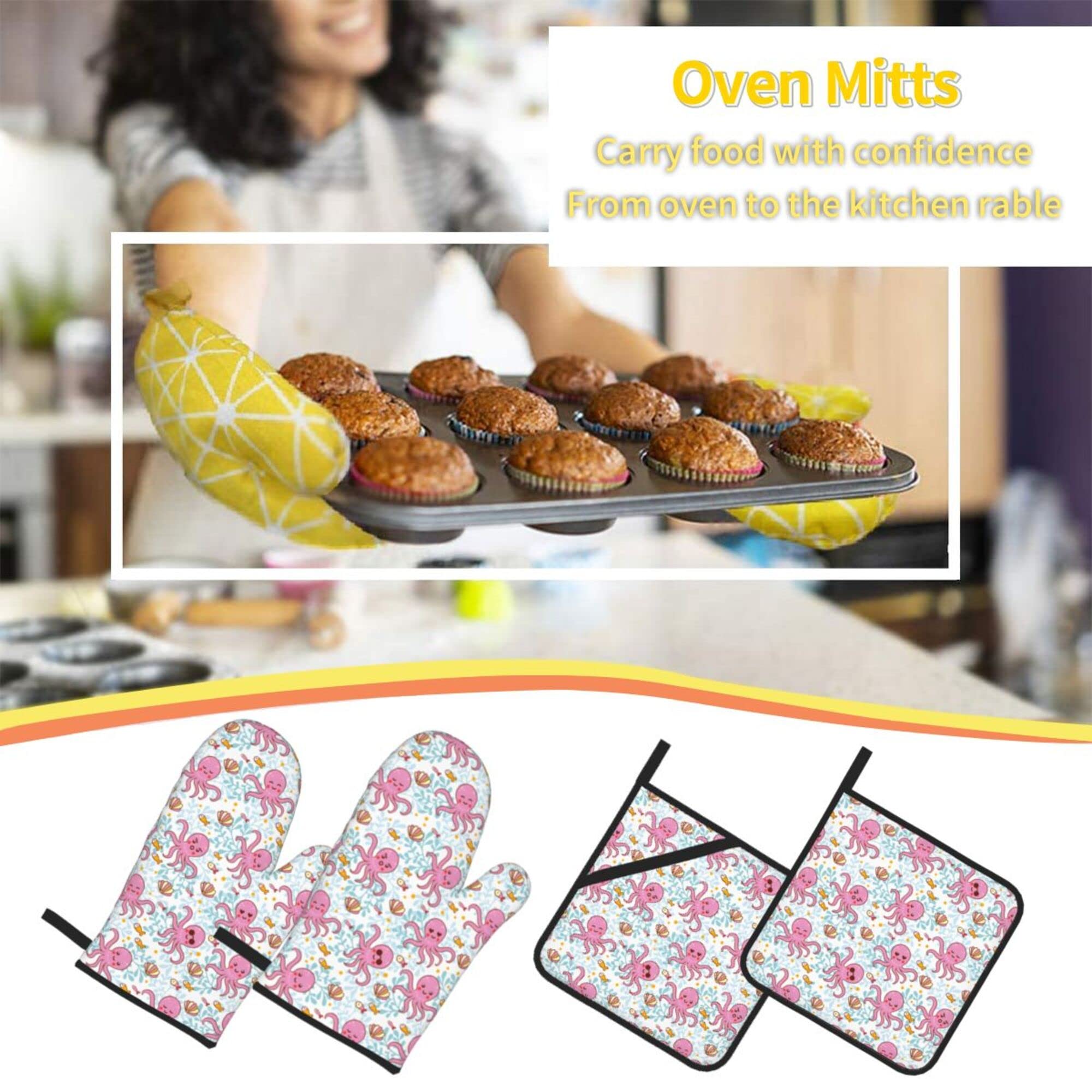 Cute Octopus Oven Mitts and Pot Holders Sets of 4 Heat Resistant Cooking Gloves and Potholders Non-Slip Kitchen Mittens Hot Pads with Hanging Loop for Kitchen Baking BBQ Grilling Picnic