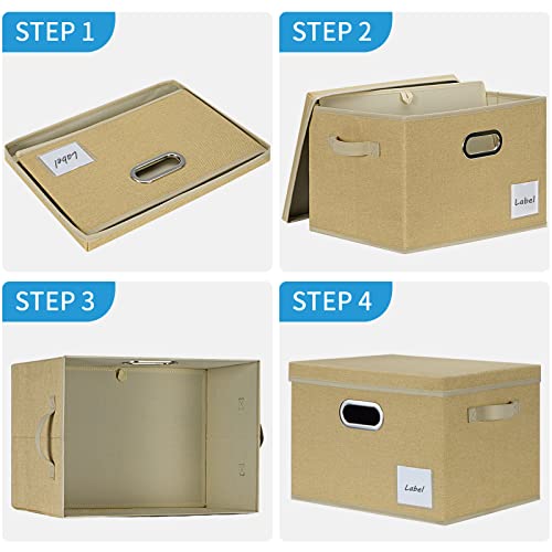 LHZK Large Storage Bins with Lids 6 Pack, Linen Fabric Storage Boxes with Lids, Foldable Storage Baskets with 3 Handles and Label Window for Shelves Bedroom Closet Office (15x11x9.6,Grey,Beige)