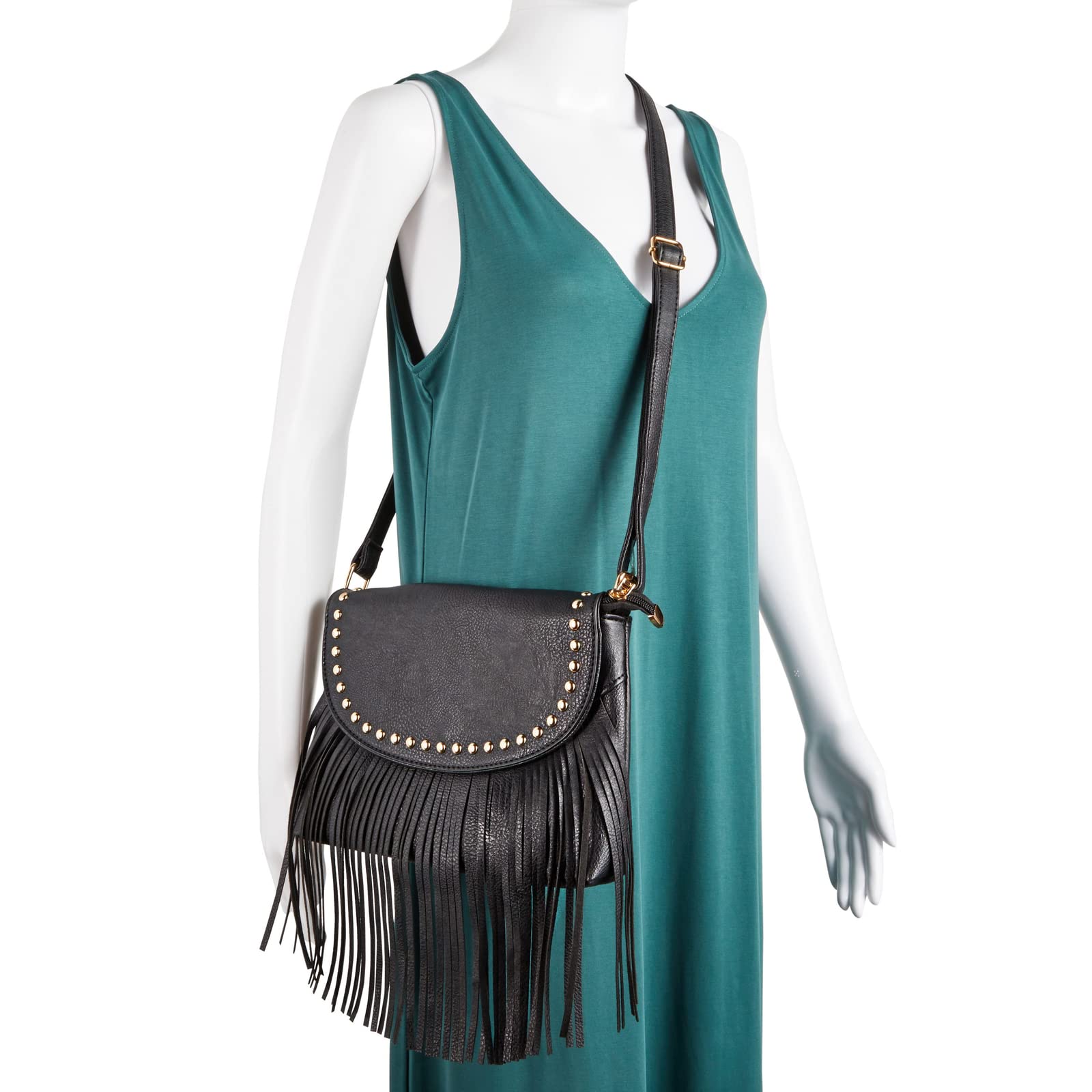 Zodaca Black Fringe Purse for Women, Faux Leather Hippie Crossbody Bag (10.5 x 1.5 x 7.8 In)