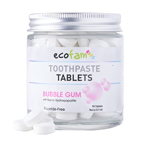 Ecofam Kids Toothpaste Chewable Tablets - 90 Natural Xylitol Tabs - Zero Waste Glass Jar - Travel Friendly - Fluoride-Free -with Nano Hydroxyapatite -Vegan - Made in The USA (Bubble Gum)