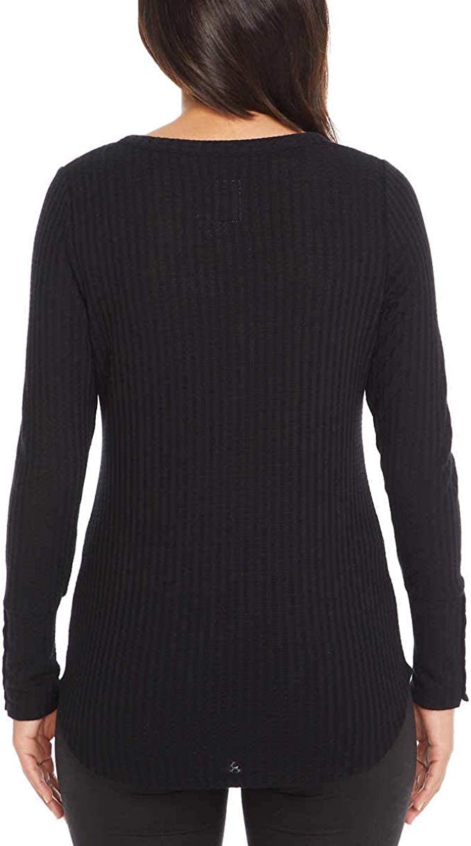 CHASER Ladies' Long Sleeve Waffle Thermal Tunic Sweater Top (Medium, Black)