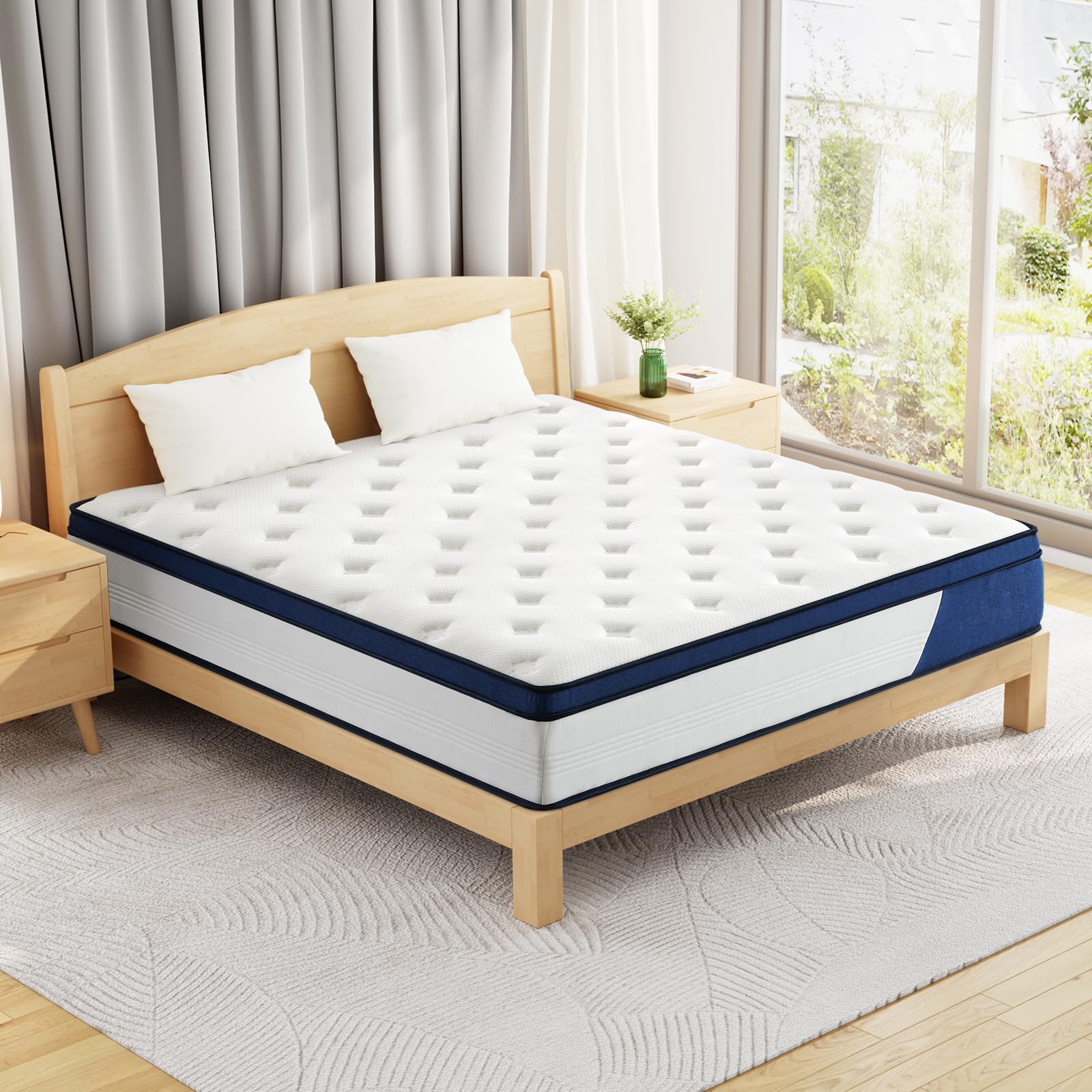 Generic King Size Mattress 12 inch Memory Foam Hybrid Mattress Fiberglass Free Gel Memory Foam Mattress in a Box,Blue