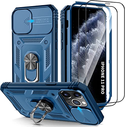 Pompvla for iPhone 11 Pro Case with 2Tempered Glass Screen Protectors,Bulit-in Magnetic Kickstand Ring & Camera Cover Shockproof Military Grade Drop Heavy Duty Protection Men5.8 inch[Not for iP11]Blue
