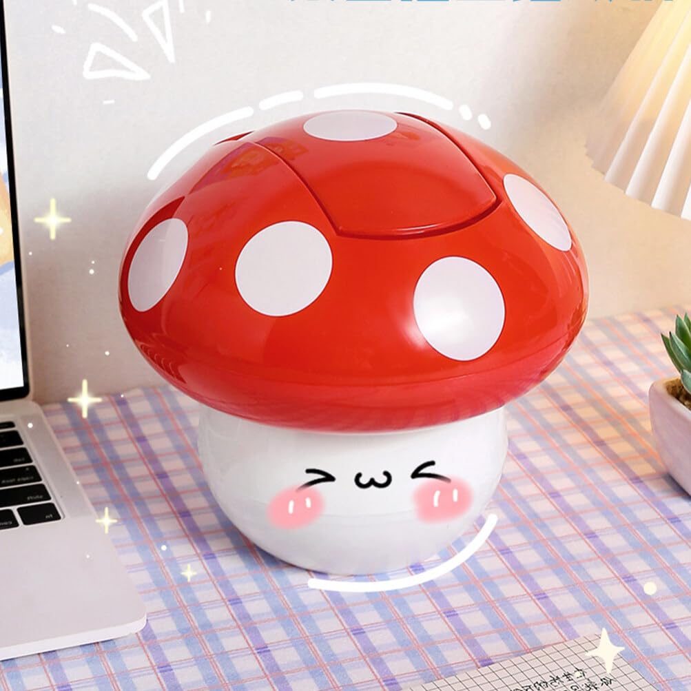 HOLIDYOYO Cute Trash Can Mushroom Waste Bin Desktop Trash Can Wastebasket Mini Desk Trash Can with Lid Creative Tiny Countertop Garbage Can Small Plastic Storage Bin Home Accessory
