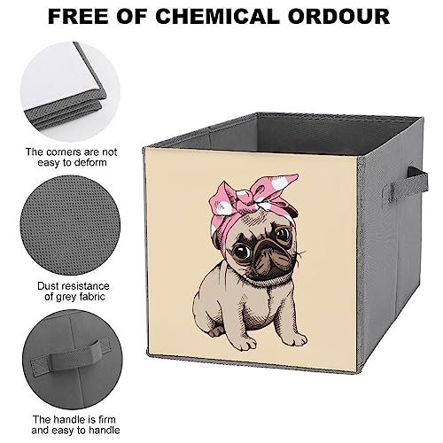 Cute Pug Dog Storage Cubes with Handles Foldable Fabric Bins Organizing Baskets for Shelves Closet