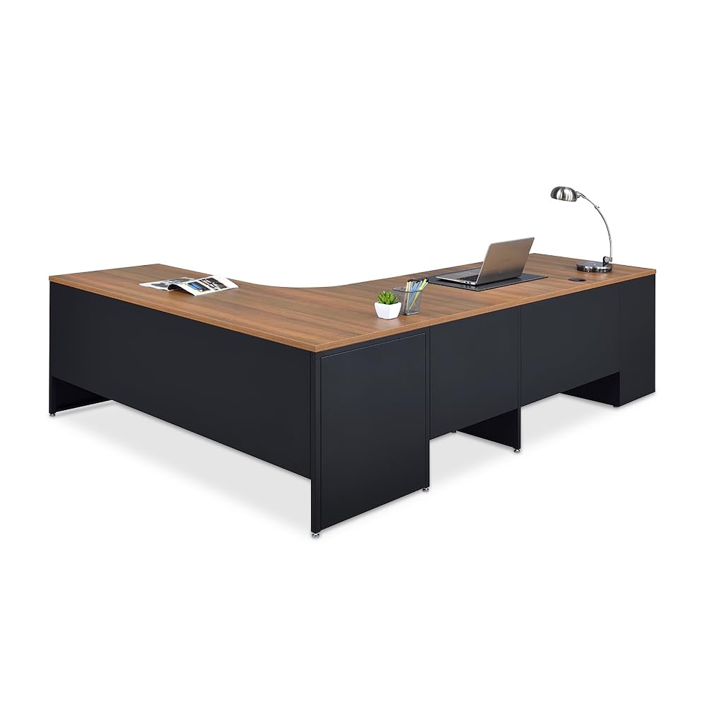 NBF L Shaped Executive Office Desk - Durable Laminate Computer Desk with Three Drawers - Modern Desk with Storage and File Cabinet - 72" Wx 96" D Work Desk for Working Home (Gray, Maple)