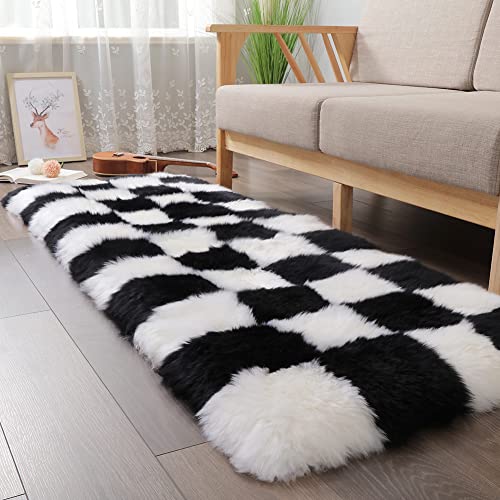 LLB Premium Sheepskin Rug Fluffy Plaid Rug 72 x 24 Inches Black and White Check Luxury Wool Rug for Bedroom Living Room (Black & White Plaid, 24''x72'')