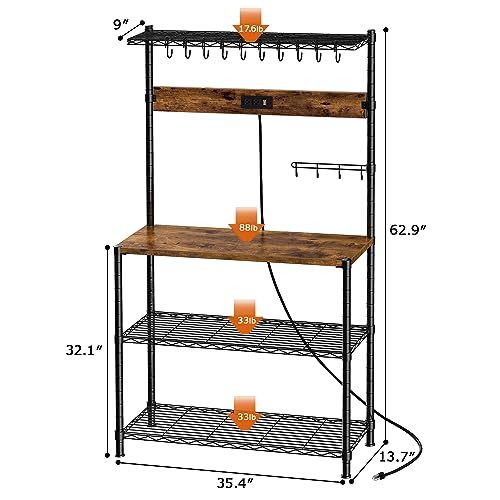 SUPERJARE Bakers Rack with Power Outlets - Height Adjustable Microwave Stand, 4-tier Kitchen Storage Rack with 10 S-shaped Hooks, 360° Hanging Strip, Coffee Bar Station - Rustic Brown