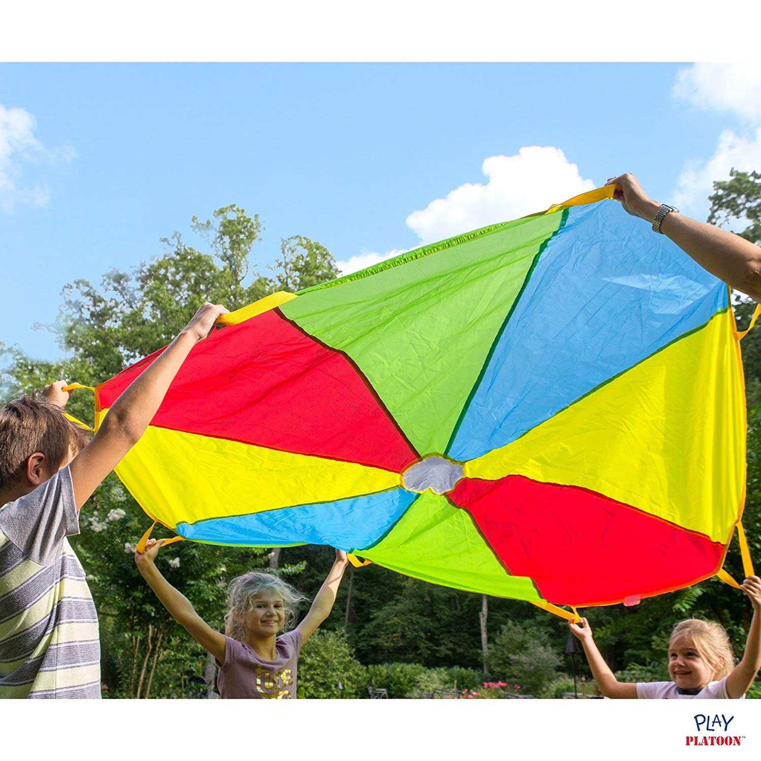 Play Platoon Rainbow Parachute Toy for Kids, 6 ft Play Parachute Game for Kids with 8 Handles, Parachute for Kids, PE Equipment for Elementary School Gym Class, Backyard/Indoor Play Equipment