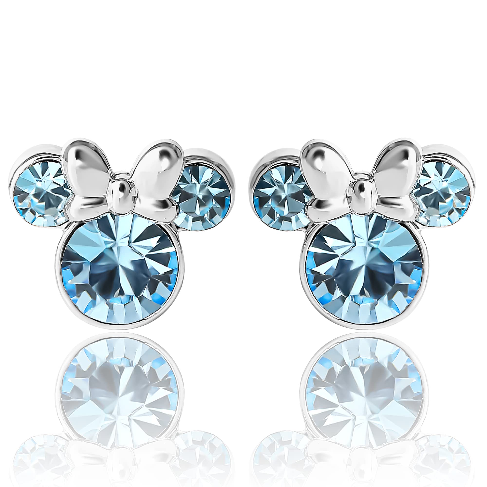 Disney Womens Minnie Mouse March Birthstone Stud Earrings - Minnie Mouse Earrings - Disney Jewelry (March-Aquamarine Crystal)