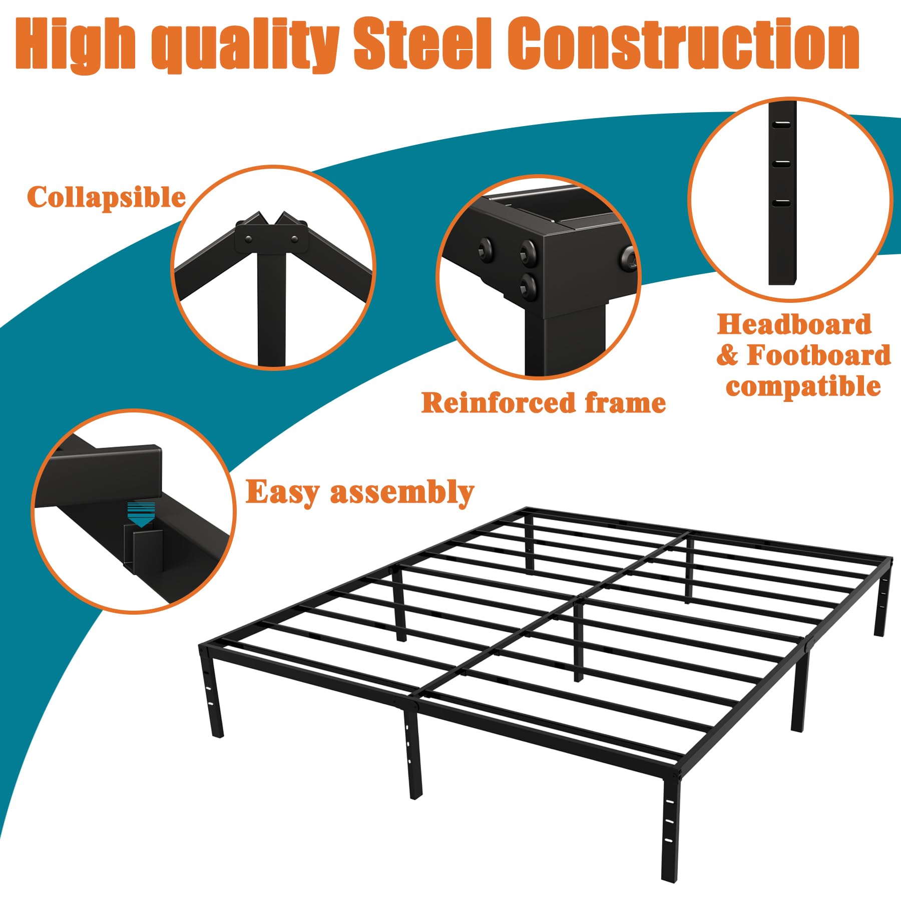 Caplisave King Size Bed Frame Metal Platform, 14 Inch High Heavy Duty King Bed Frames, Max 3500lbs Sturdy Metal Support,Underbed Storage,Easy Assembly,No Box Spring Needed,Black