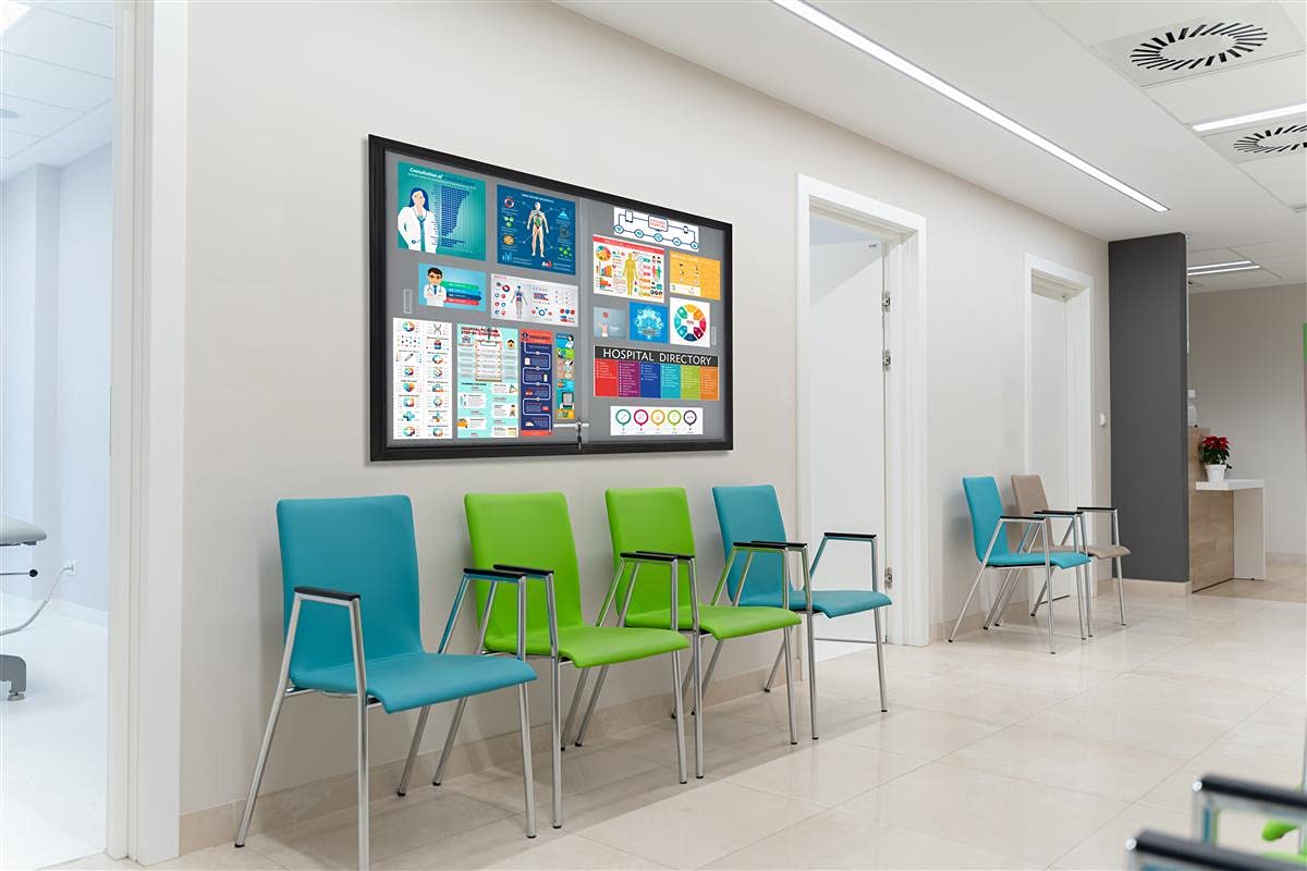 Displays2go 4' x 3' Enclosed Locking Bulletin Board for Indoor Use, Gray Fabric - Black (FBSD43BKGLG)