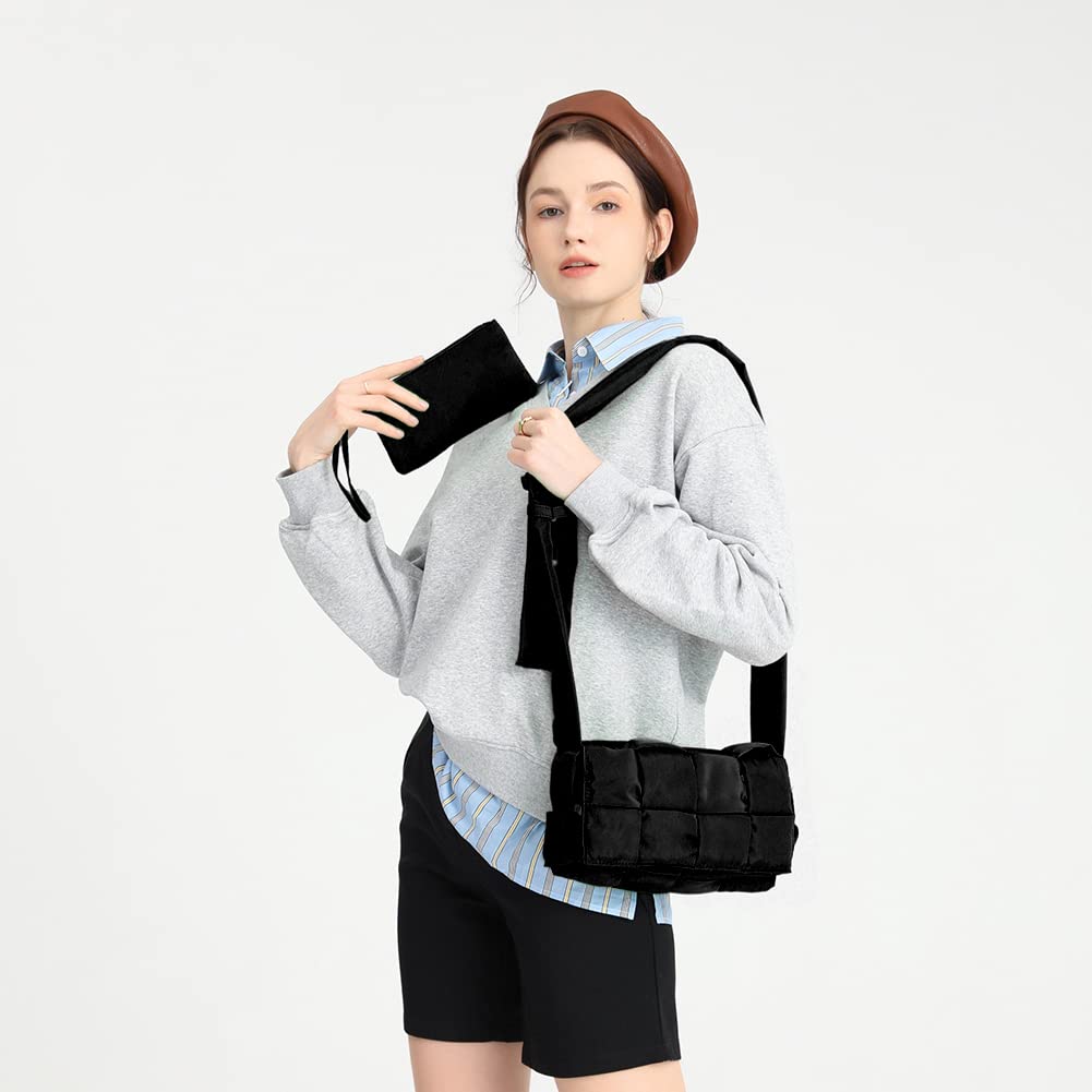 E Puffer Woven Bag for Women Cotton Padded Designer Crossbody Bags Woven Purse Shoulder Bag