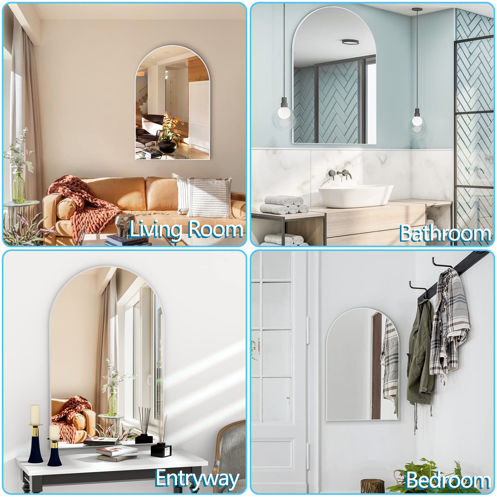 FENNIO Wall Mirrors for Bathroom, Bedroom, Living Room - 36 x 24 Inch Arched Wall Mounted Make up Vanity Mirror, Aluminum Frame Wall Decor Mirror, Brushed Silver