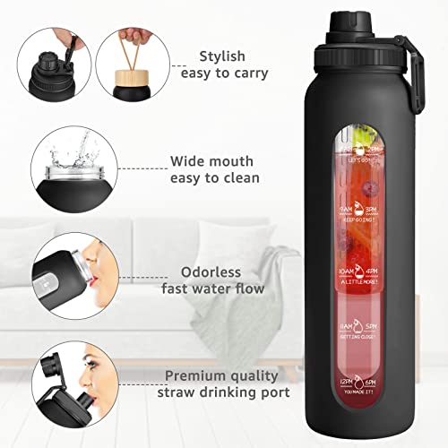Sursip 32oz Glass Water Bottle with Time Marker and 2 Lids-Spout Lid/Bamboo Lid,Reusable motivational Glass Water Drinking Bottles with Silicone Sleeve/Ice Tray/Fruit box,Leak Proof BPA Free
