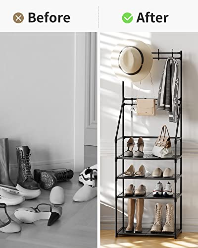 TIMEBAL Shoe Rack Coat Hat Rack, Stackable Shoe Storage Organizer, holds 8 Pair Shoes and Boots and hangs Coats & Hats, Durable Metal Pipes Shoe Shelf Organizer for Entryway, Hallway, Living Room