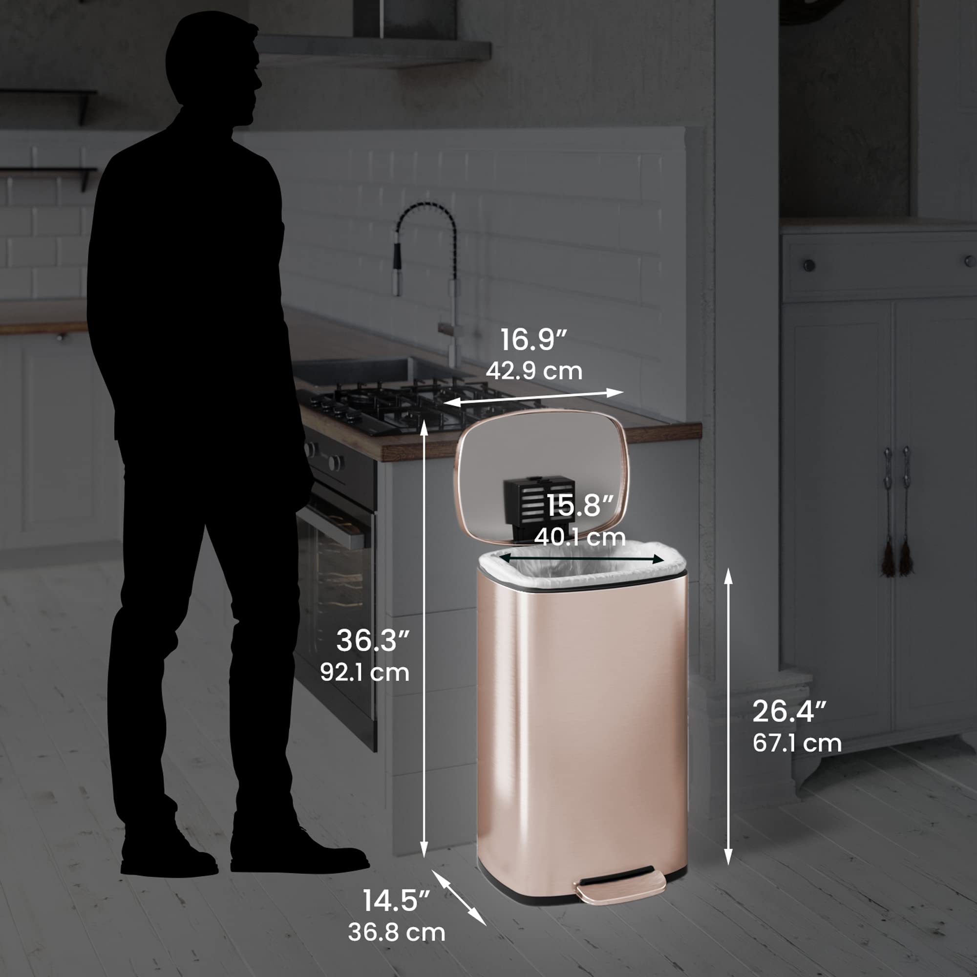 ITouchless SoftStep 13.2 Gallon Step Kitchen Trash Can with Lid and Odor Filter, Rose Gold Stainless Steel 50 Liter Trashcan for Home Office Bedroom Garage Living Room Bathroom Slim Wastebasket